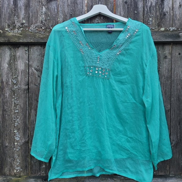 Uniti Casual | Tops | Sheer Turquoise Tunic Rhinestone Accents | Poshmark